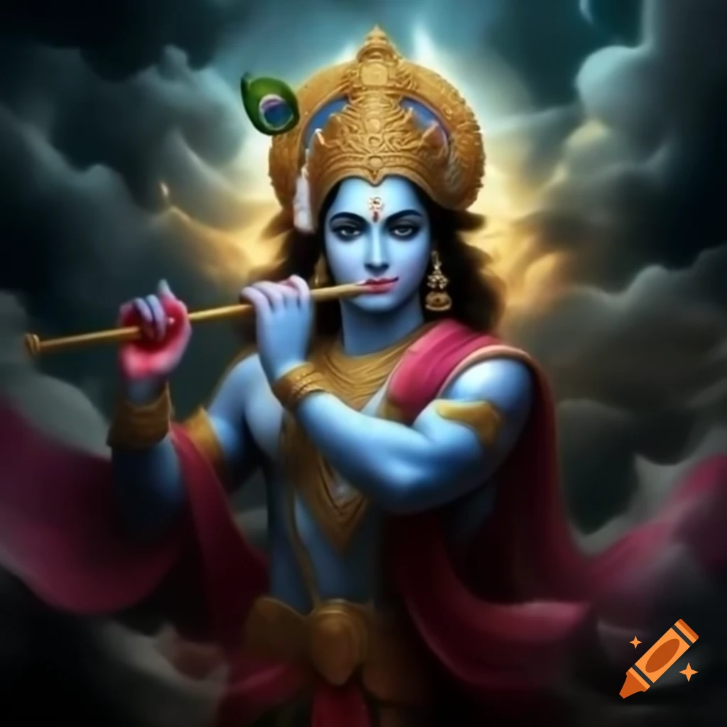 Majestic portrayal of Lord Krishna in divine form with regal attire against celestial background ...