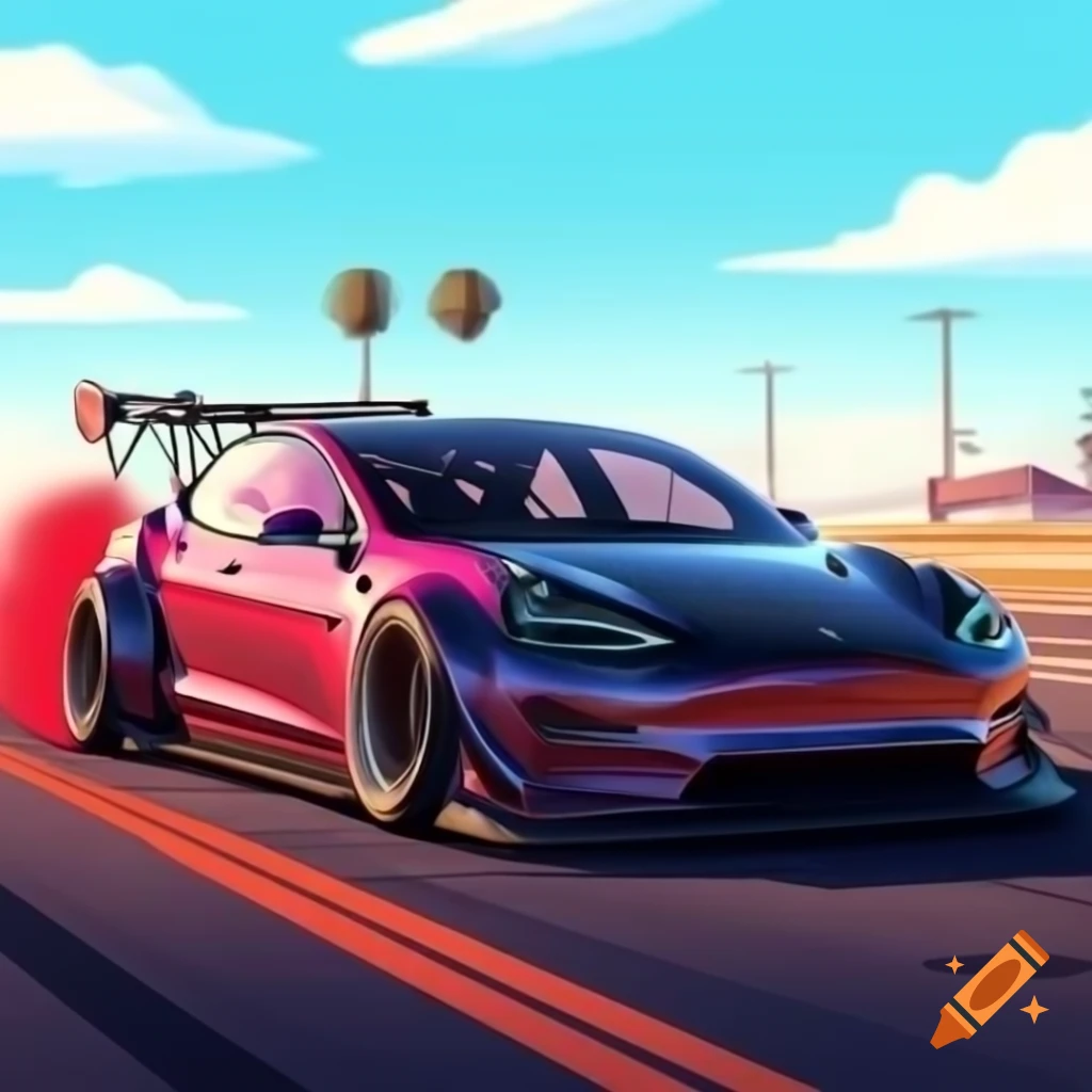 Vibrant anime-style Tesla Model 3 modified for drifting on Craiyon