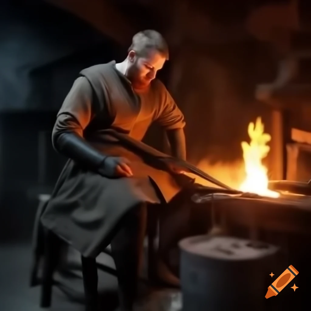 Medieval blacksmith forging steel swords in an ancient forge on Craiyon