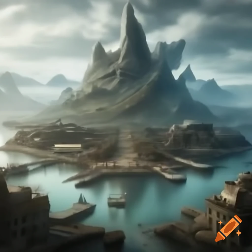 Post-apocalyptic island featuring mountains, large buildings, and docks ...