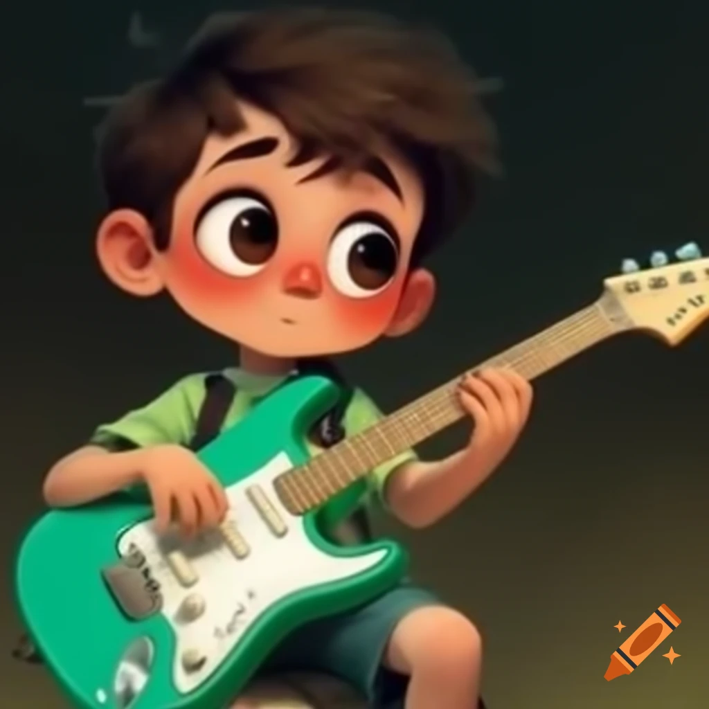 Cute boy with big eyes holding a white-green electric guitar, comic ...