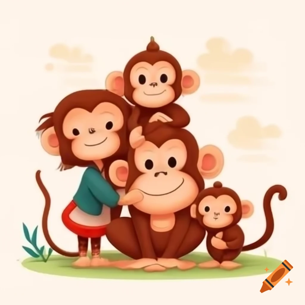 Cartoon monkey family featuring father, mother, son, and daughter on ...