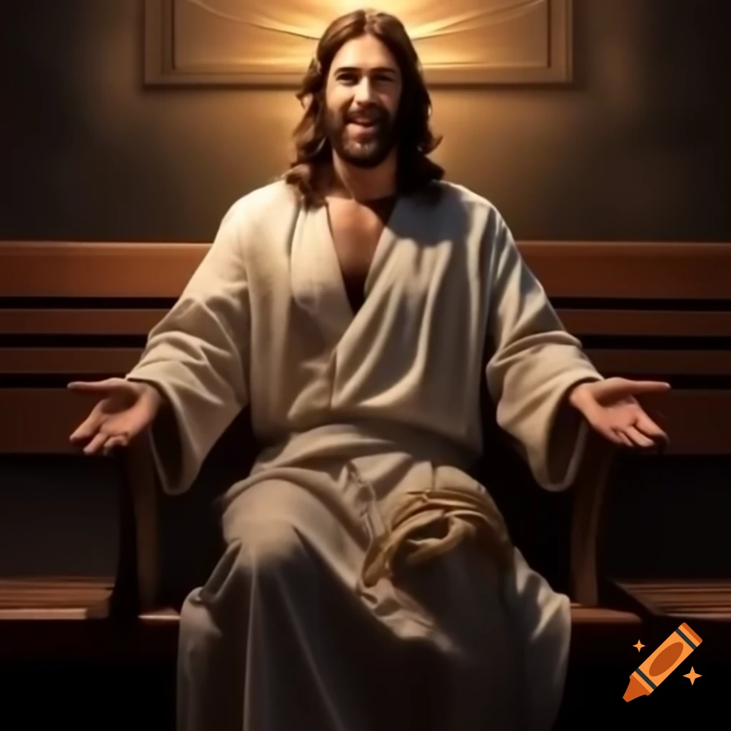 Jesus sitting on a bench, smiling with hands extended on Craiyon