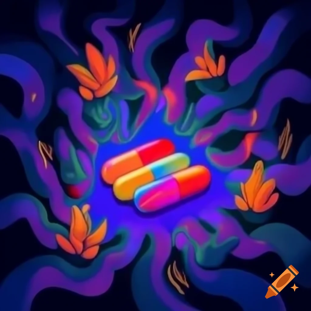 Psychedelic depiction of pills in a field setting on Craiyon