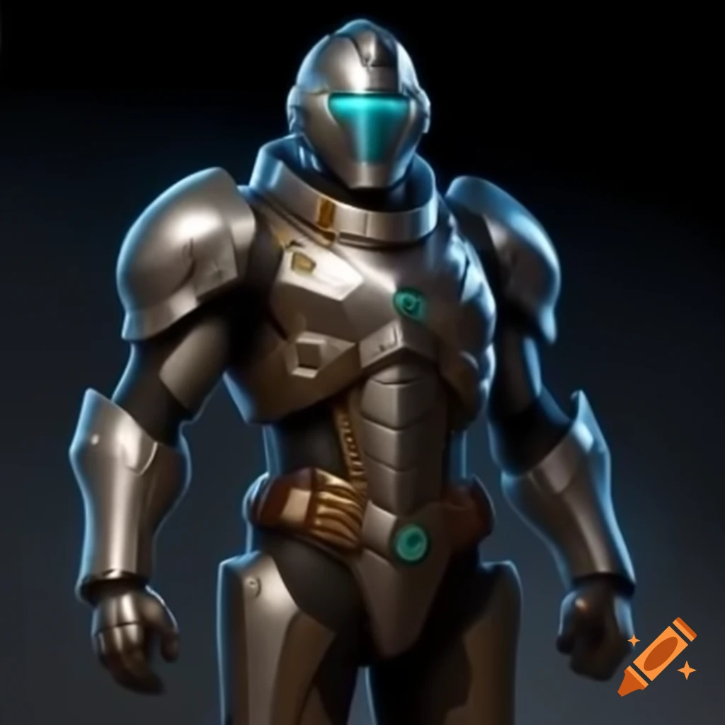 Futuristic hero in metallic armor with shield and mobile device on Craiyon
