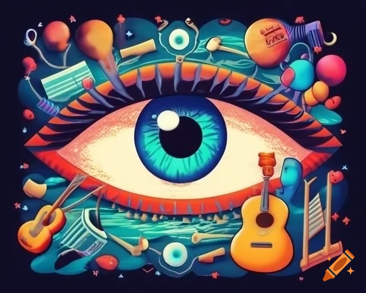 Surreal giant eye overseeing vibrant collage of musical instruments and ...