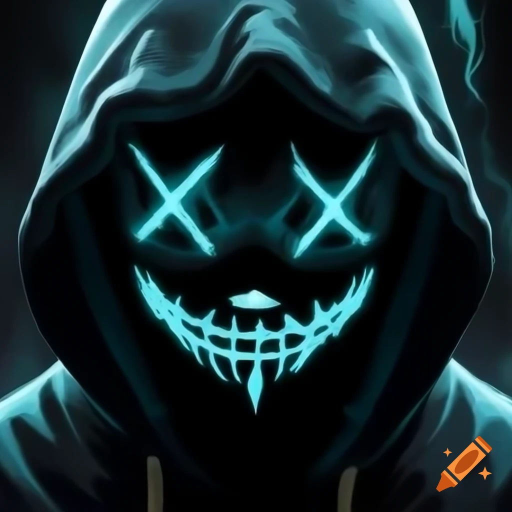 Dark hooded figure with angry teal glowing eyes, mysterious atmosphere on Craiyon