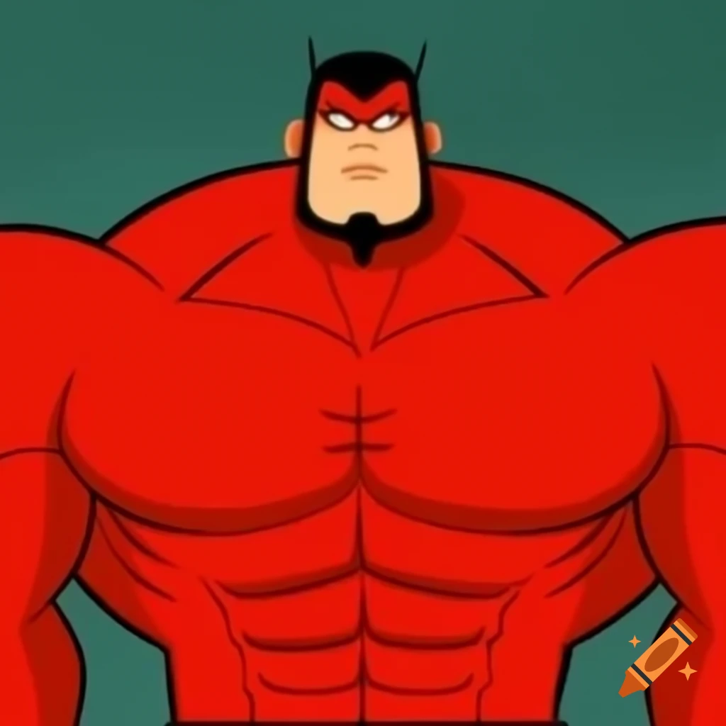 Super muscular hero in red with large chin and mask, inspired by 90s ...