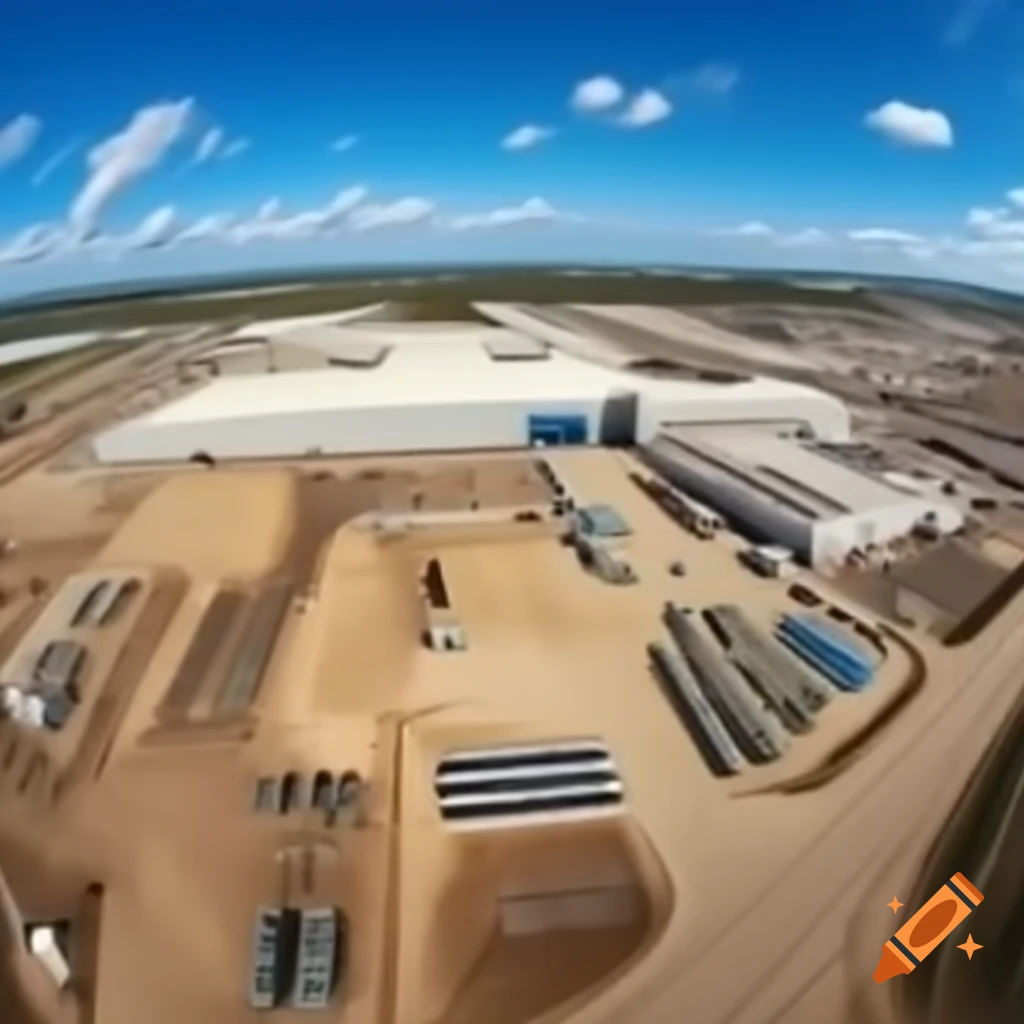 Aerial view of silica sand factory with four warehouses on Craiyon