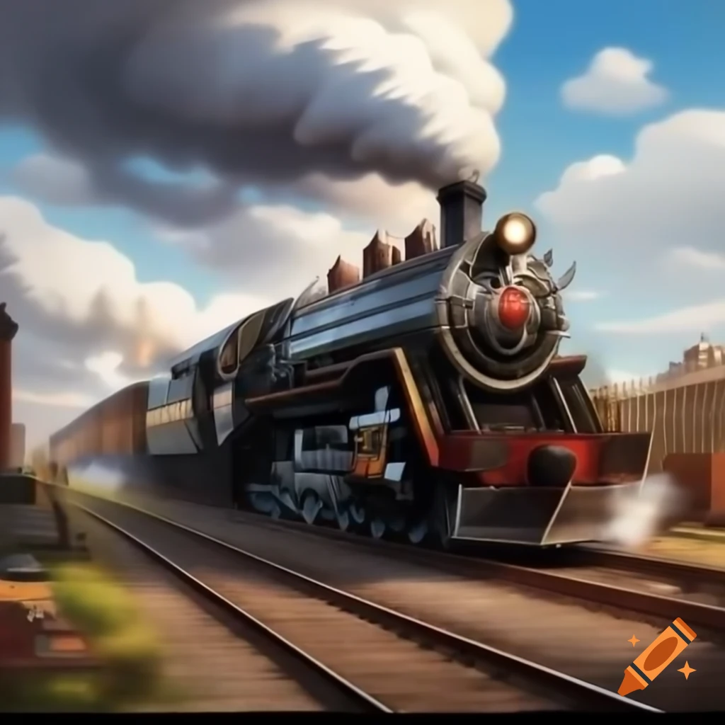 Surreal scene of steam locomotive emerging from giant pencil, set ...