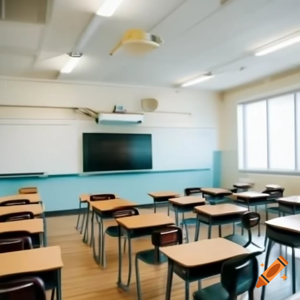 Classroom with television, teacher's desk, and student desks on Craiyon