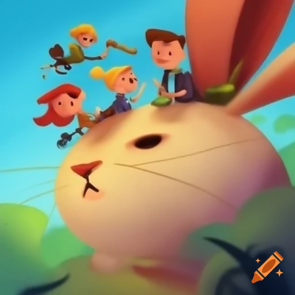 Young man, young woman, and middle-aged man on whimsical adventure atop ...