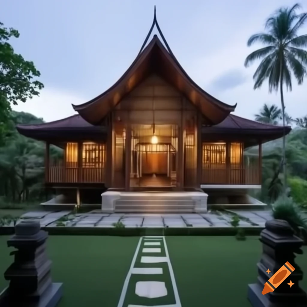 Traditional Javanese house with Joglo roof, intricate carvings, and ...