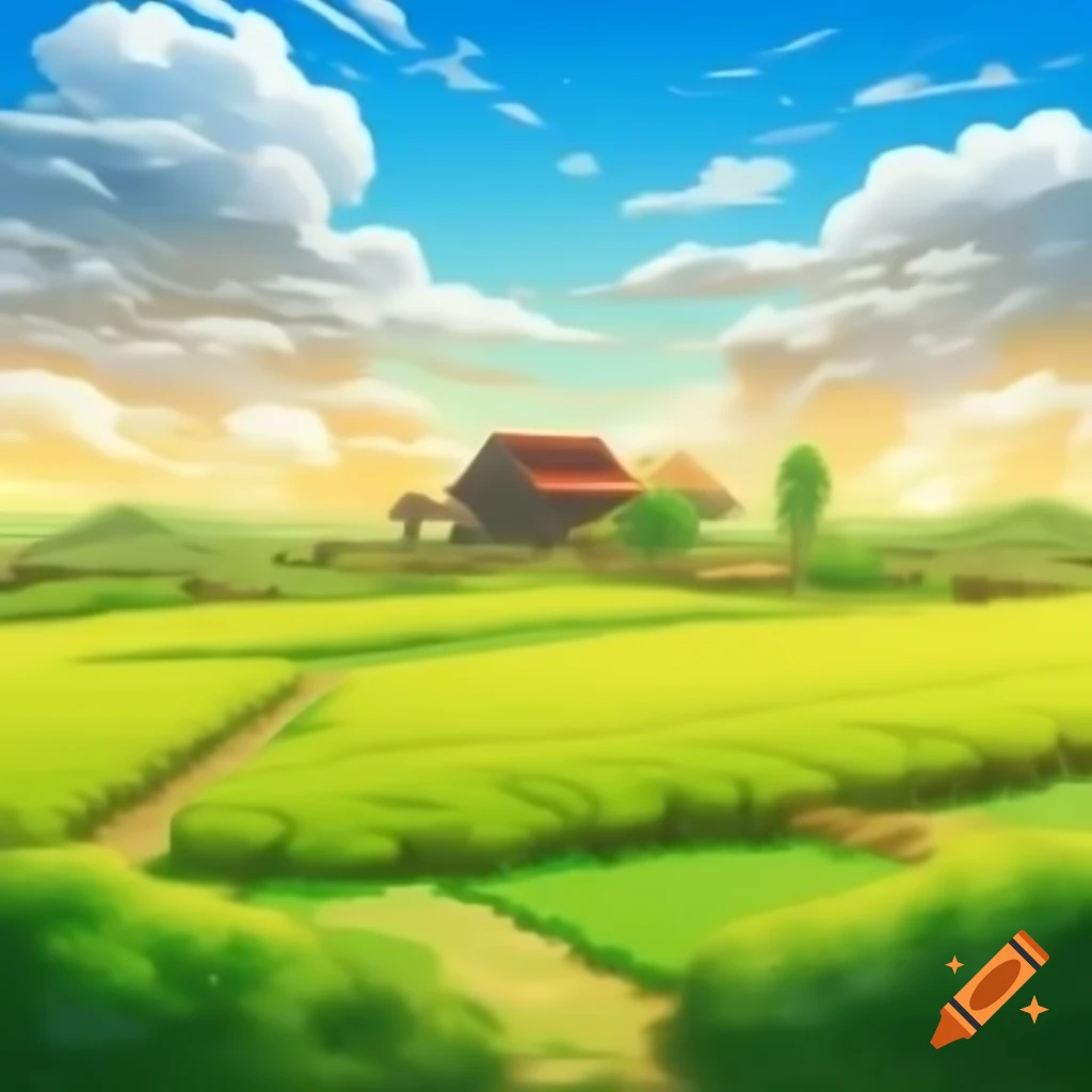Anime-style farm landscape with lush green fields for The Heritage game ...