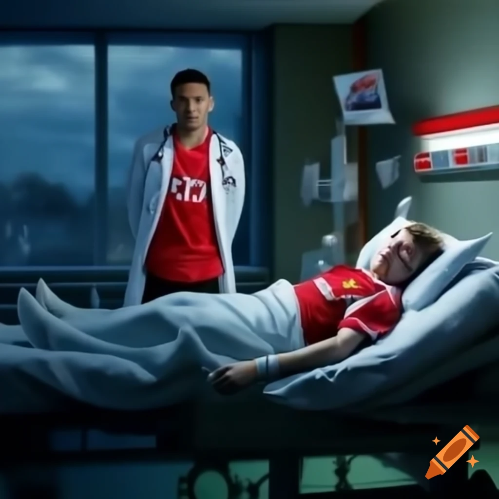 Manchester United player in hospital bed with bandaged arm and ...