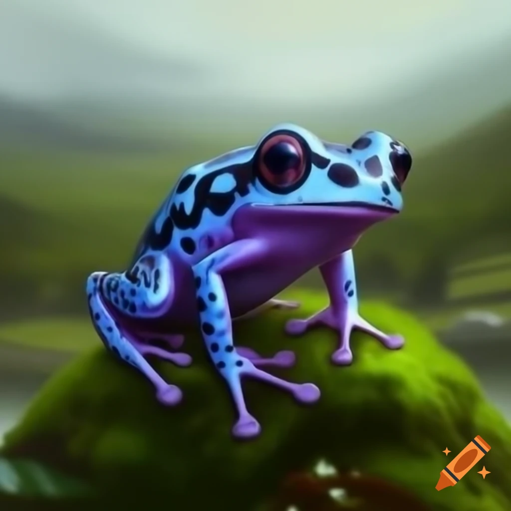 Small blue and purple striped fantasy frog on mossy rock in misty countryside on Craiyon