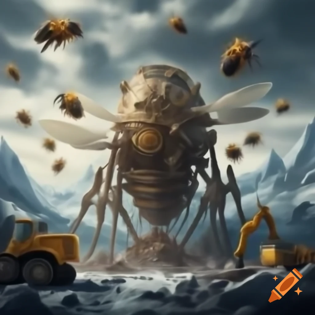 Clockwork bees swarming ice-capped mountains under stormy sky on Craiyon