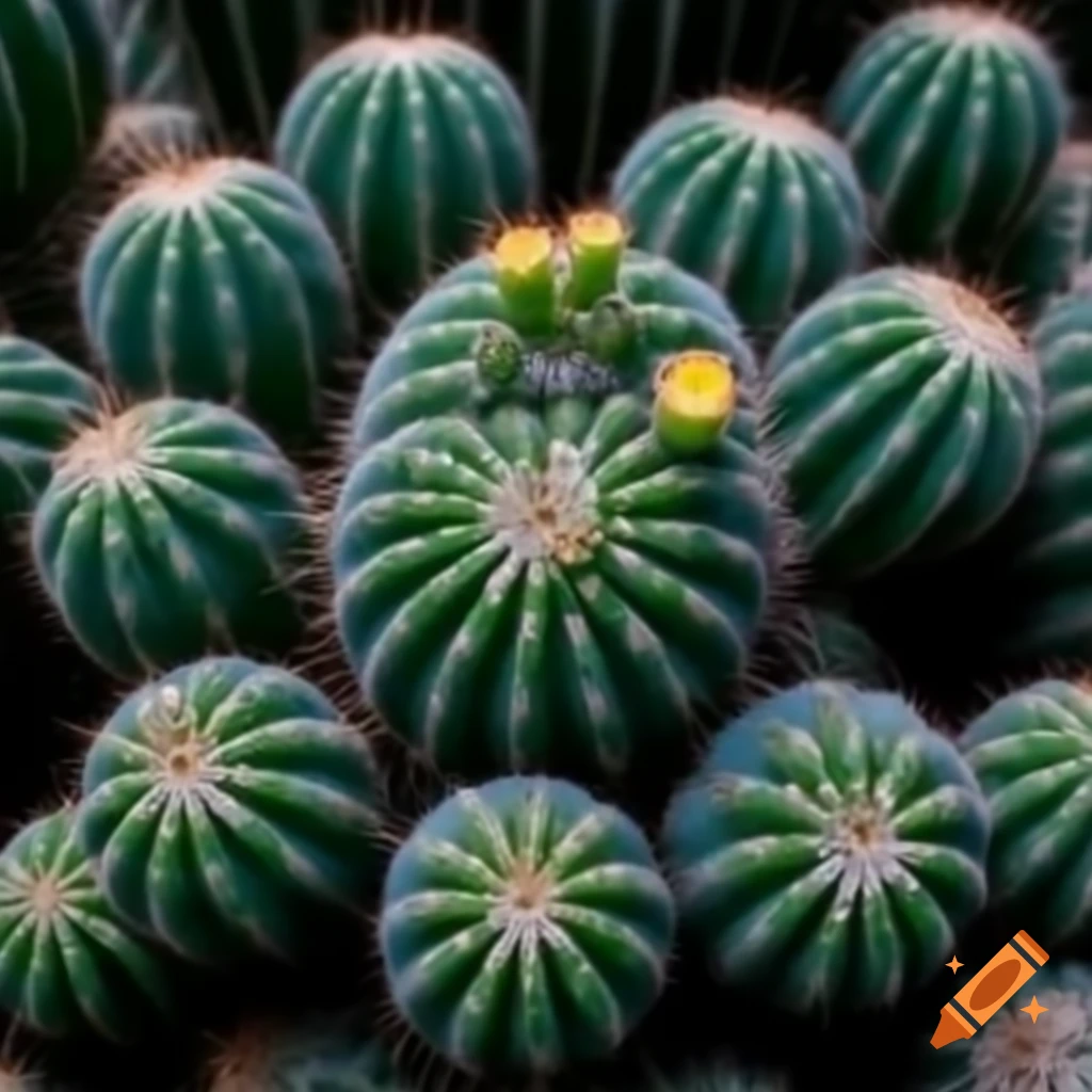 Clusters of Lophophora spineless cacti with colorful shades in a desert ...