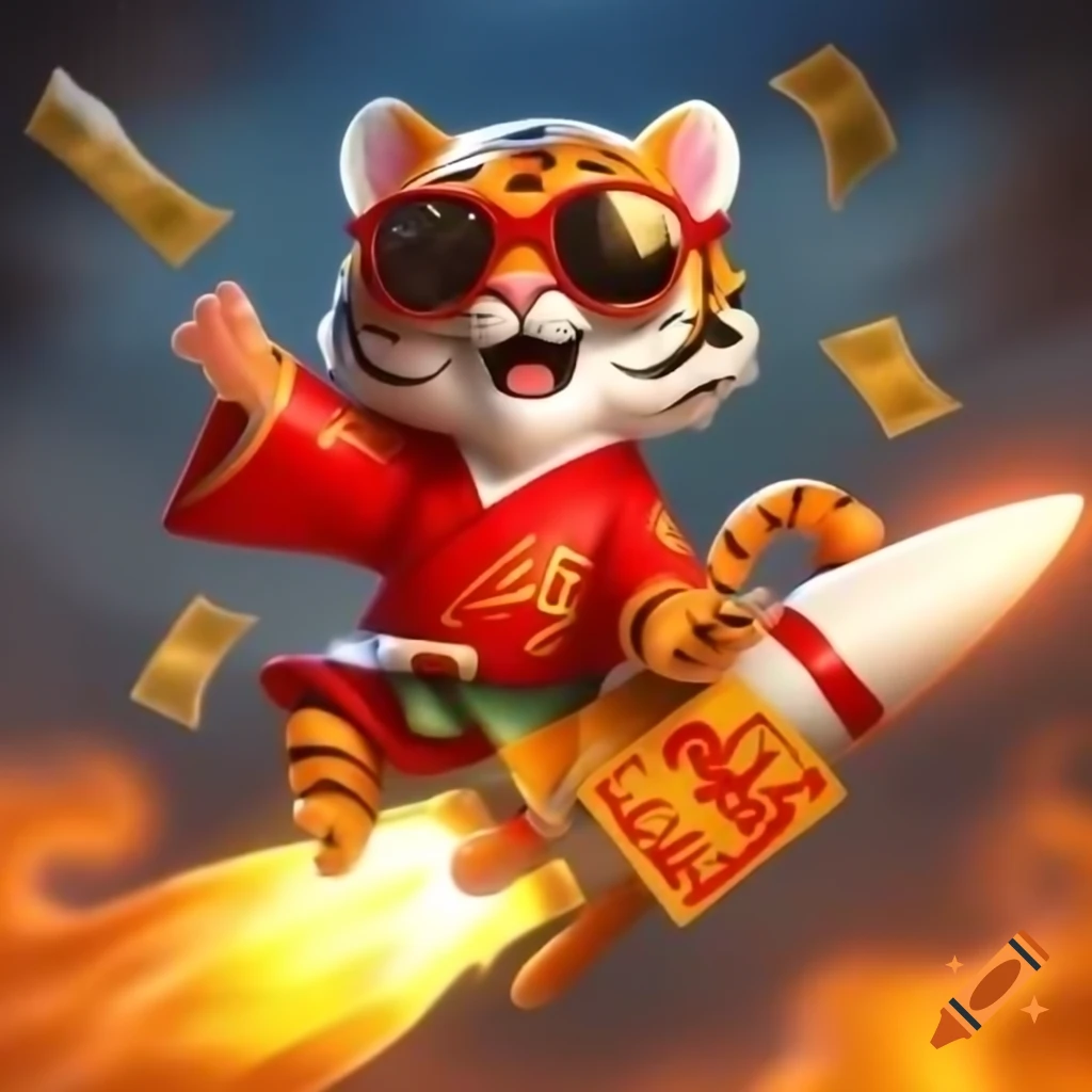 Tiger in red clothes and sunglasses riding a money-shooting rocket with ...