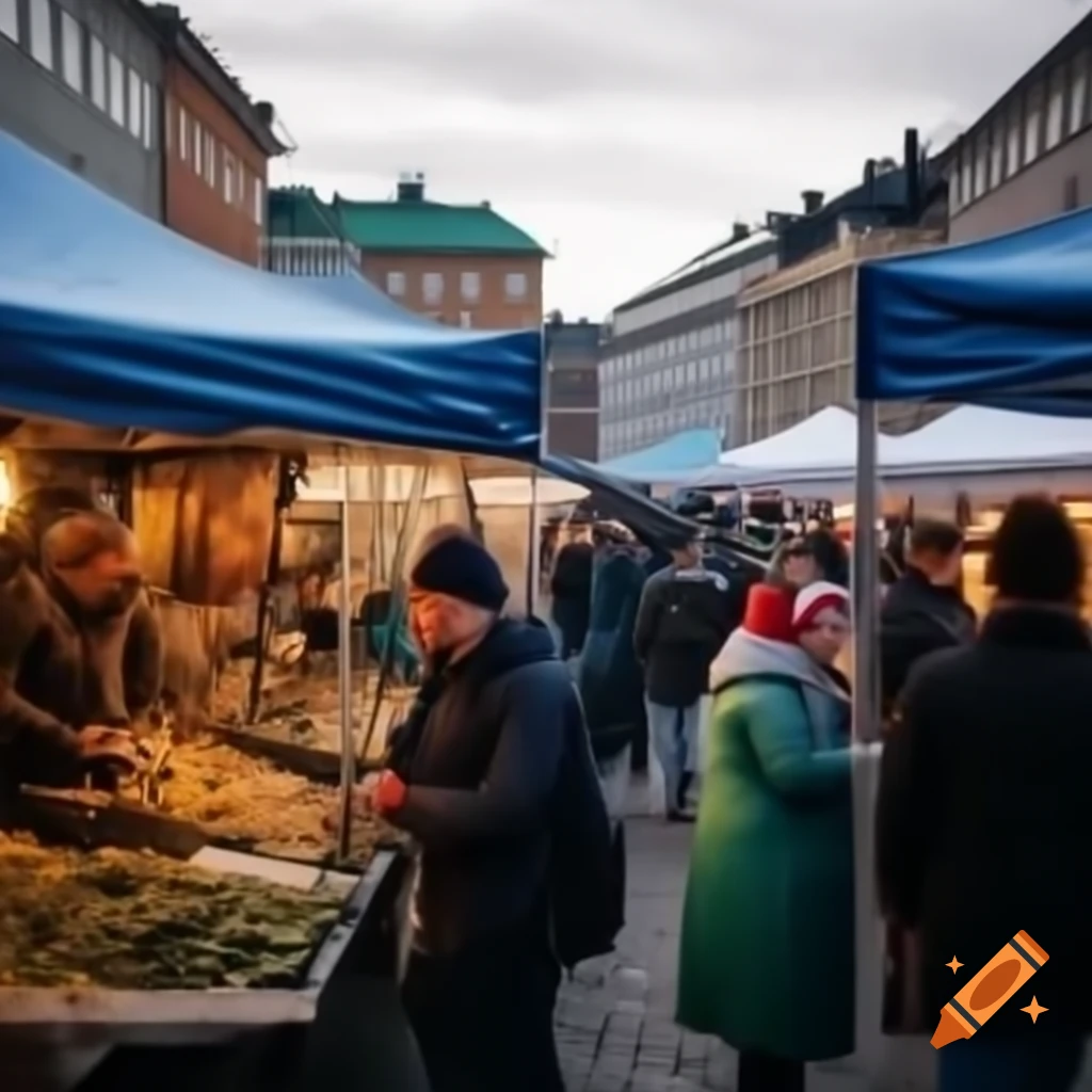 Morning market in Oslo with colorful tents and bustling crowds on Craiyon