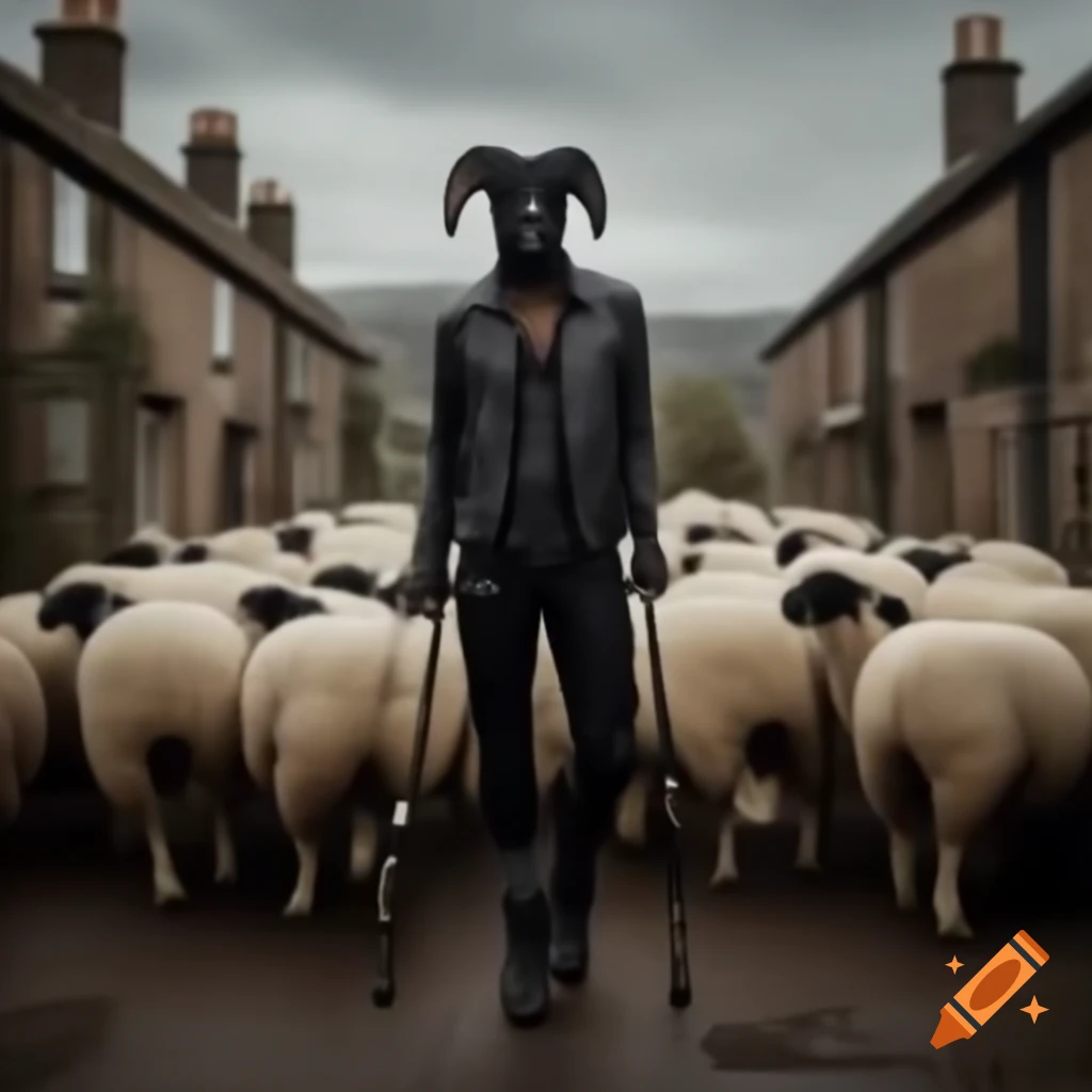 Punk with black mohawk walking through village with flock of sheep ...