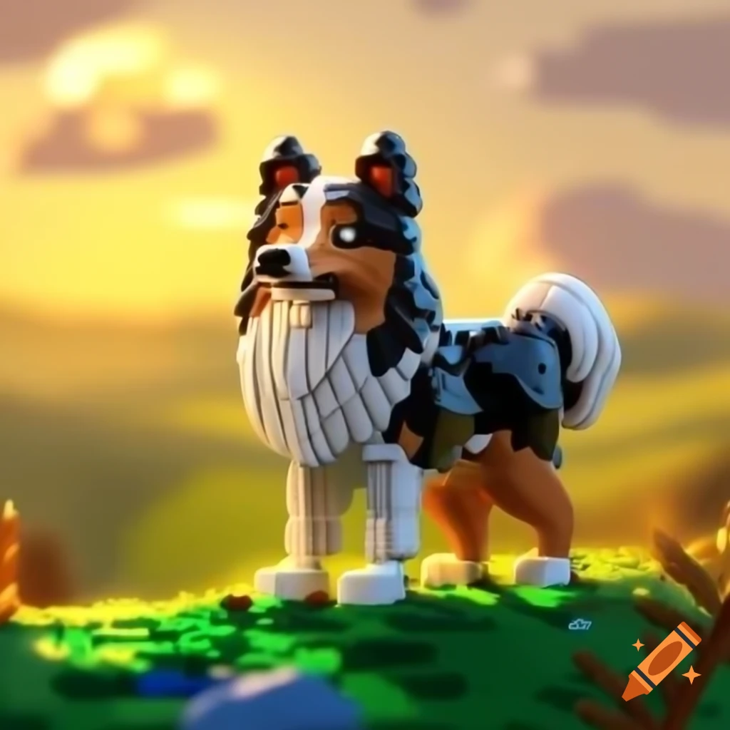 Tricolored LEGO rough collie on grassy hill under golden sunset on Craiyon