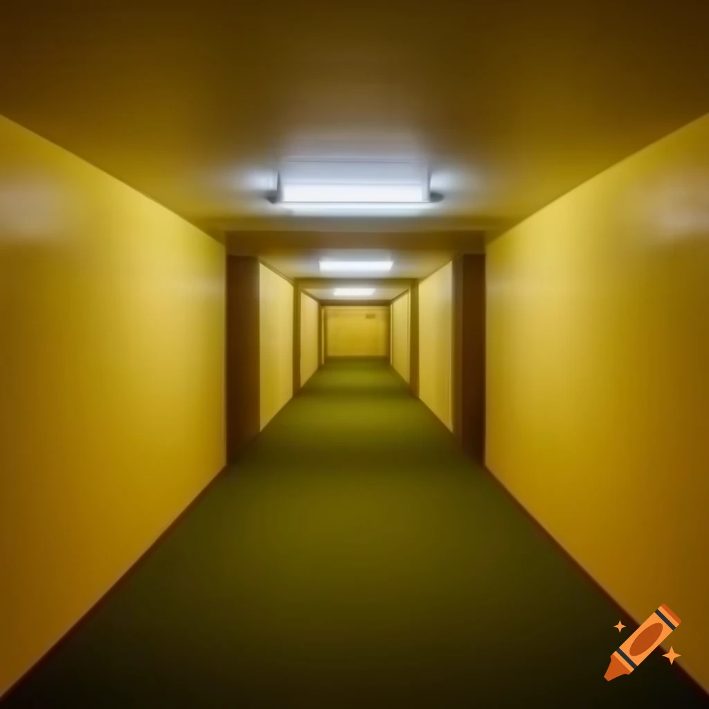 Liminal space with yellow carpet and walls resembling backrooms on Craiyon