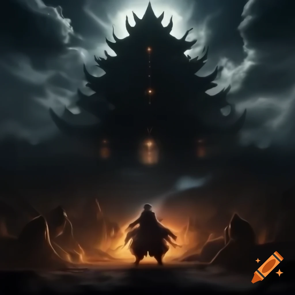 Ancient temple at dusk with warrior in demon slayer armor battling ...