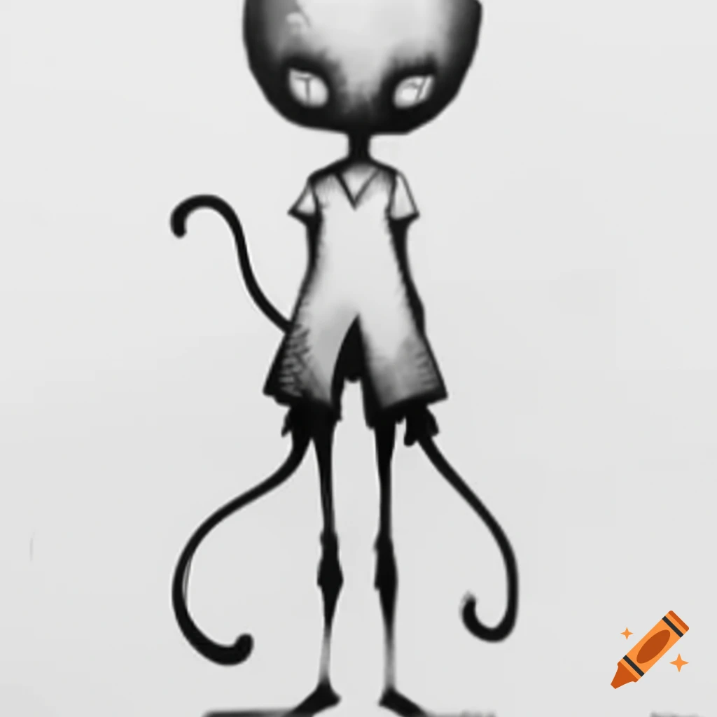 Whimsical black and white sketch of a girl with elongated limbs in Tim ...