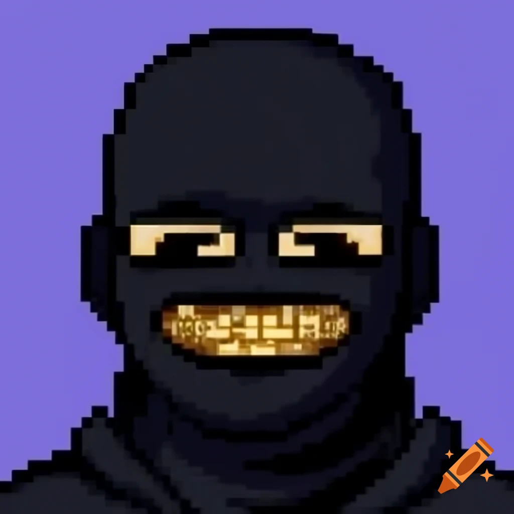 Pixel art of a man in balaclava with gold teeth on Craiyon