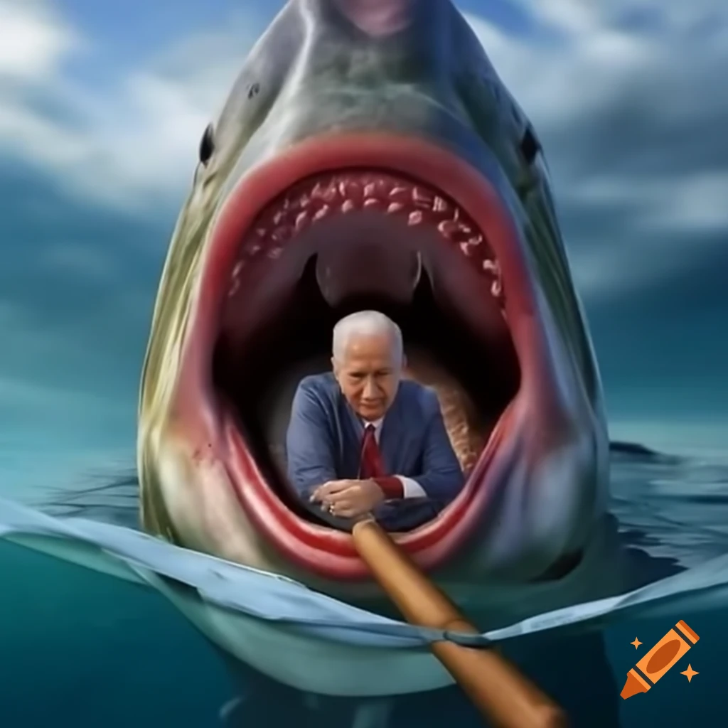 Joe Biden wrestling large fish with a cigar, humorous scene on Craiyon