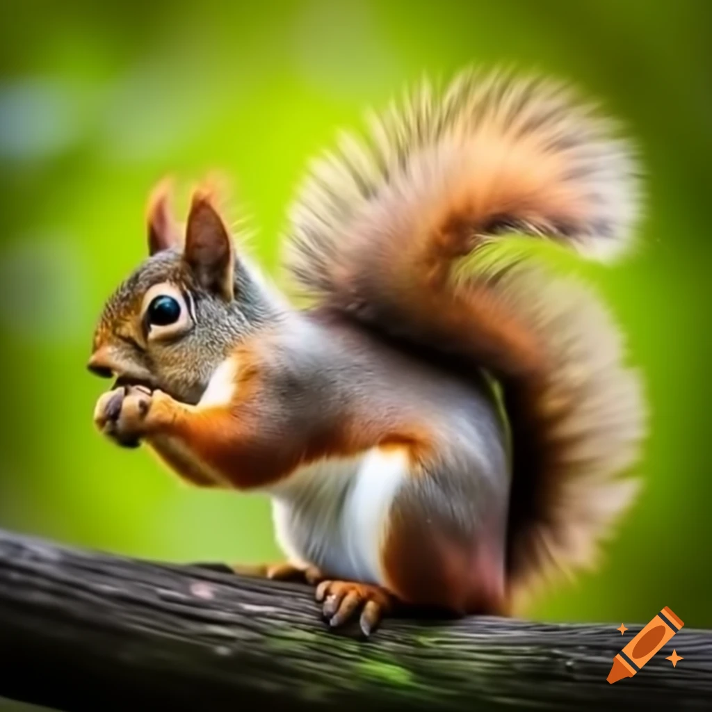Cute squirrel with bushy tail on tree branch holding acorn on Craiyon