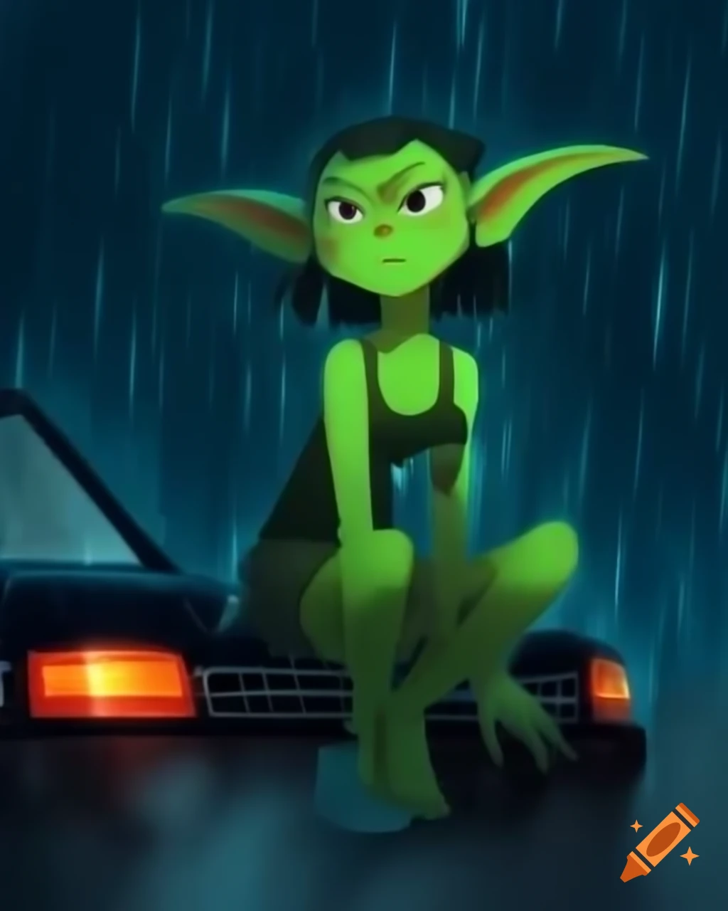Green-skinned goblin girl sitting on car in the rain, anime style on ...