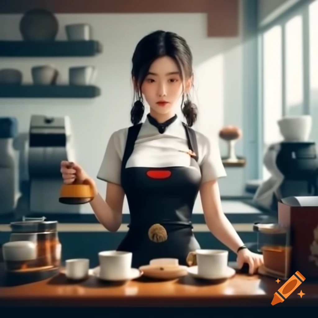 Futuristic barista in sleek attire offering teas and coffees in high-tech cafe on Craiyon