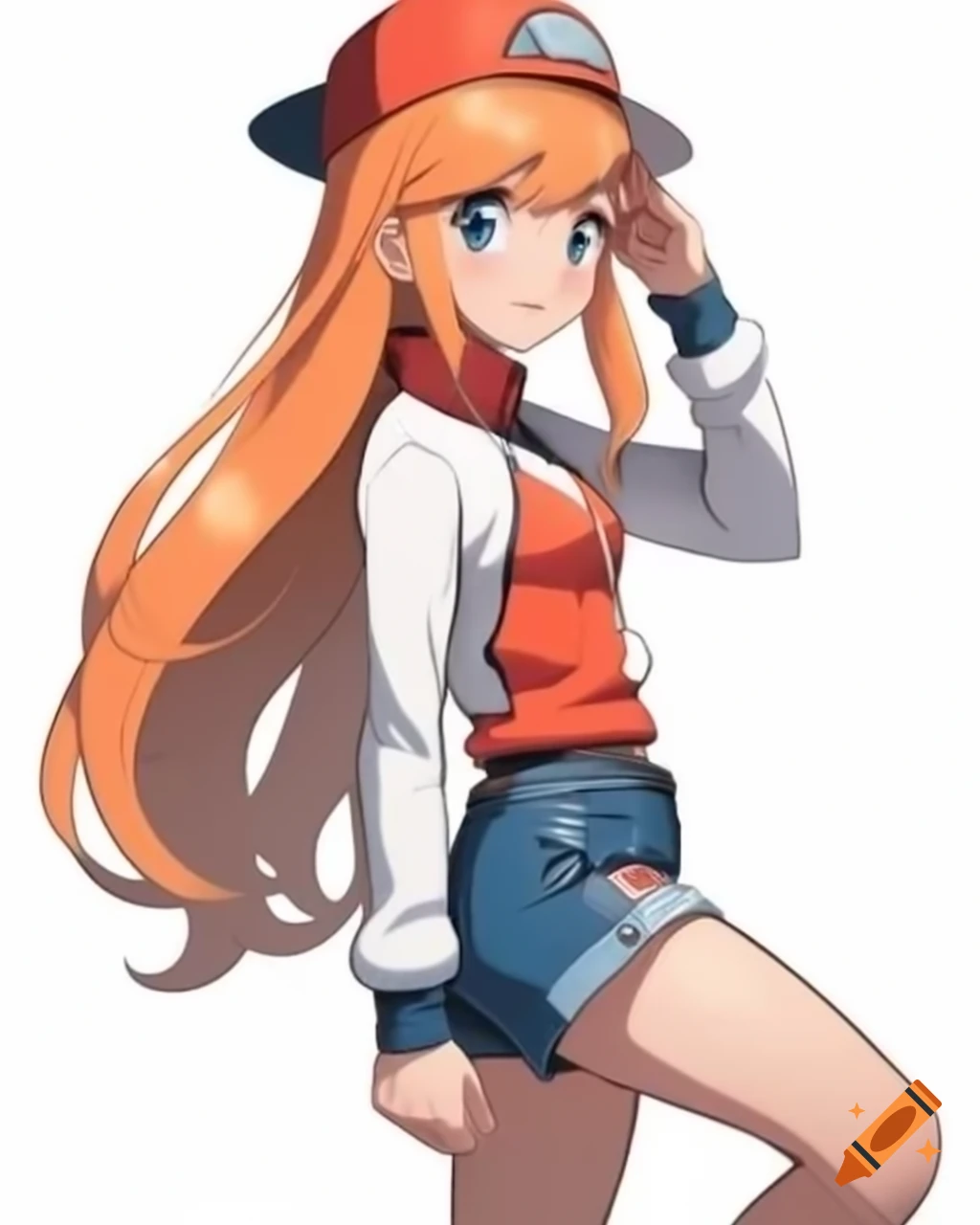 Female pokemon trainer with orange hair in tracksuit and jeans shorts ...