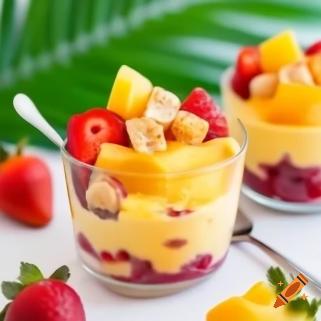 Bowl of Nata Fruit Pudding with tropical fruits and condensed milk on ...