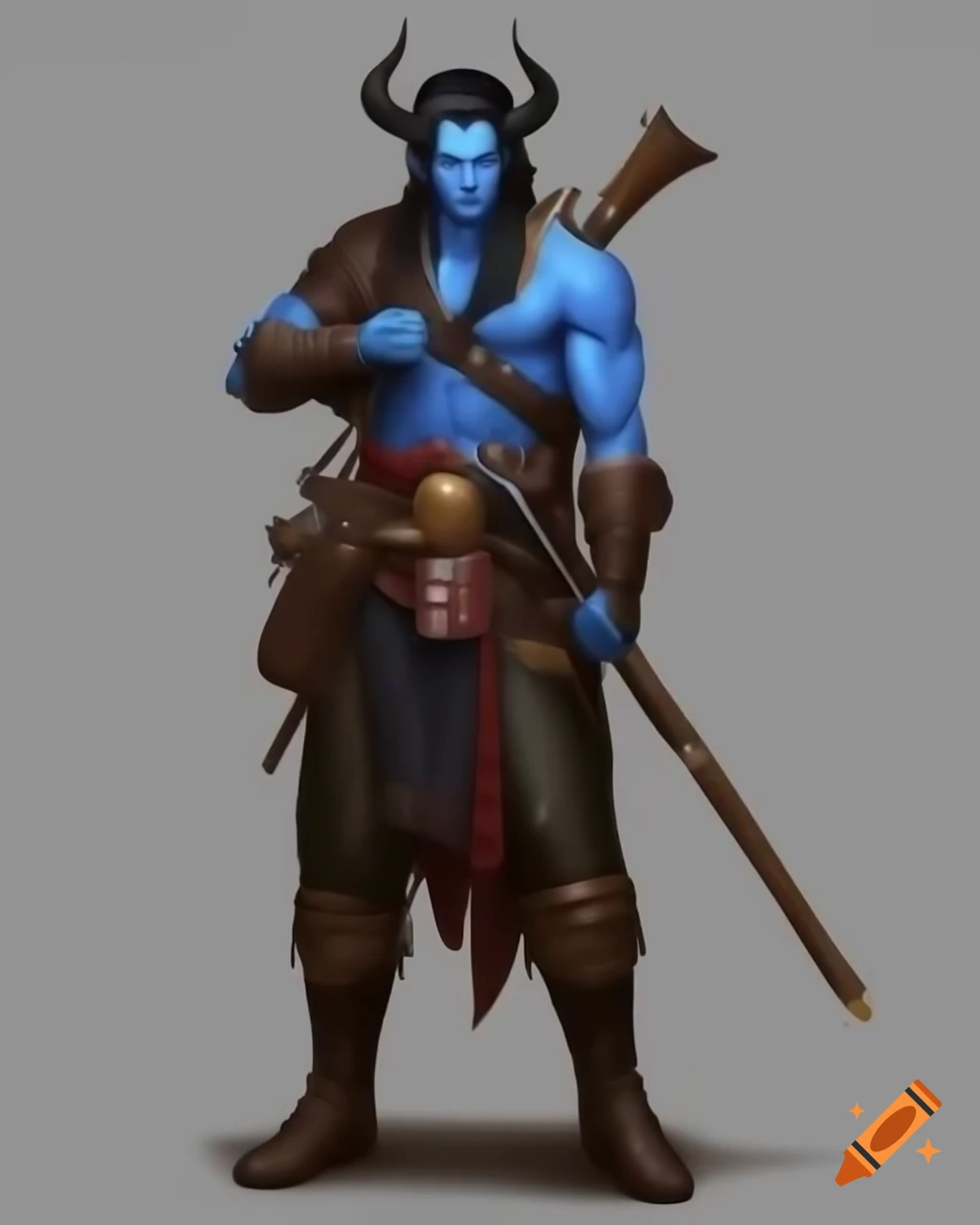 Fantasy adventurer with blue skin and horns holding a magic hunting ...