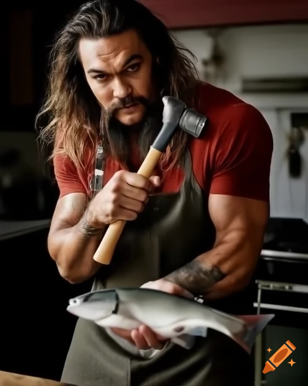 Jason Momoa holding a hammer and a fish in a kitchen setting on Craiyon