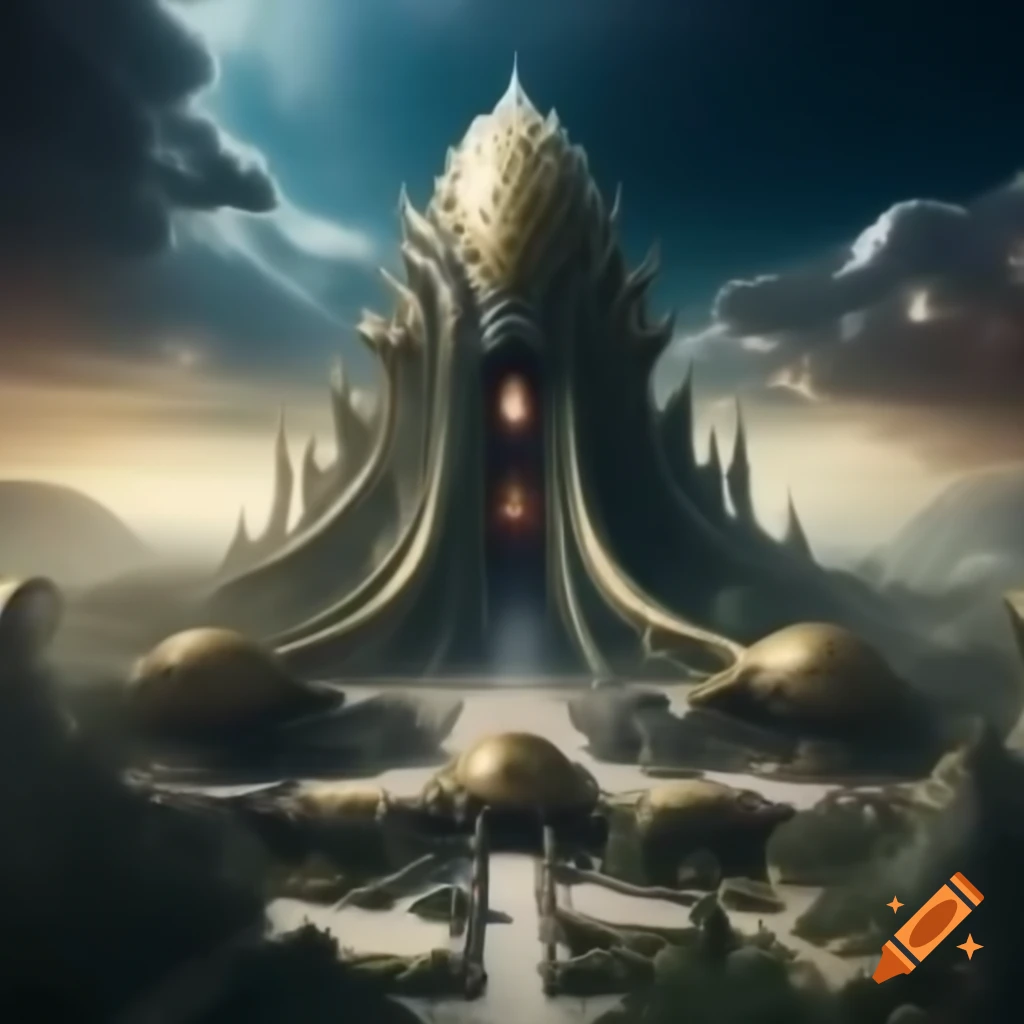 Breathtaking alien temple with gold and crystal spires in dreamlike ...