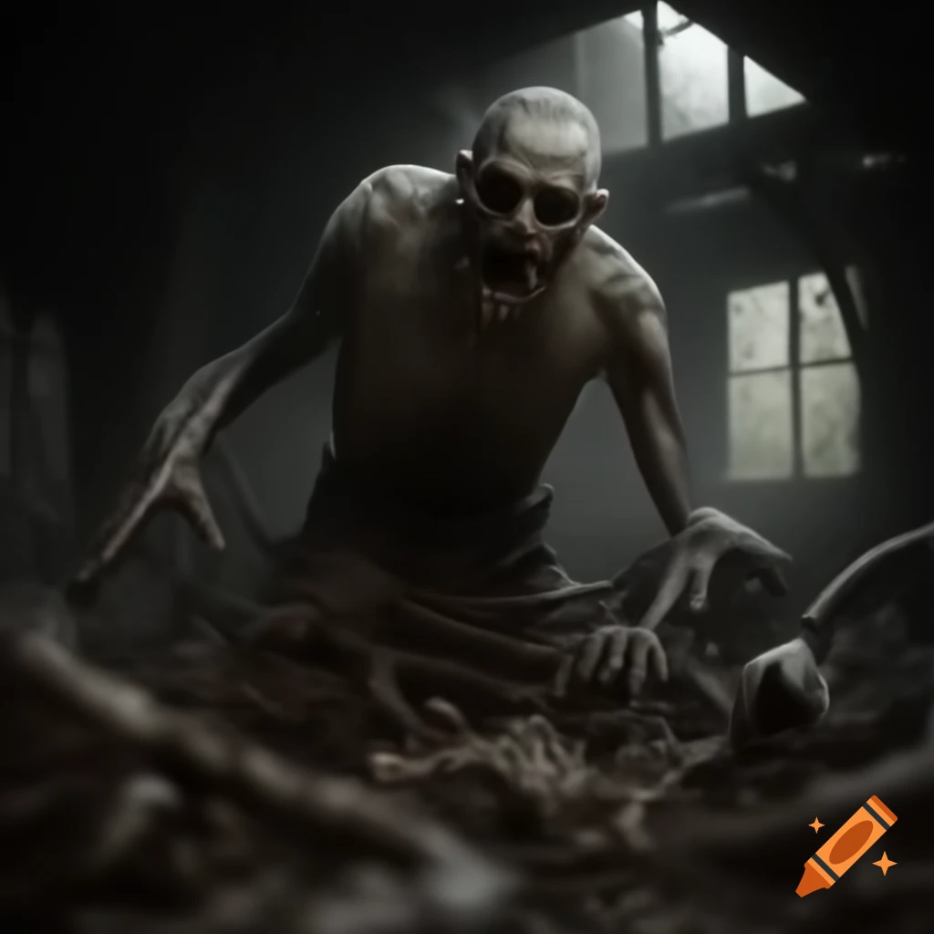 Vintage photo of a decaying zombie in a dark attic on Craiyon