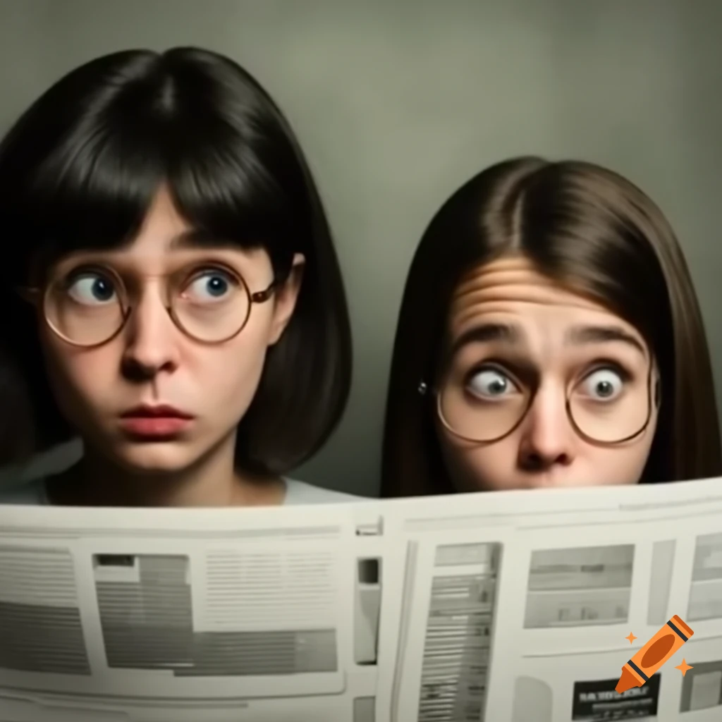 Two people, one female, looking confused at a newspaper on Craiyon