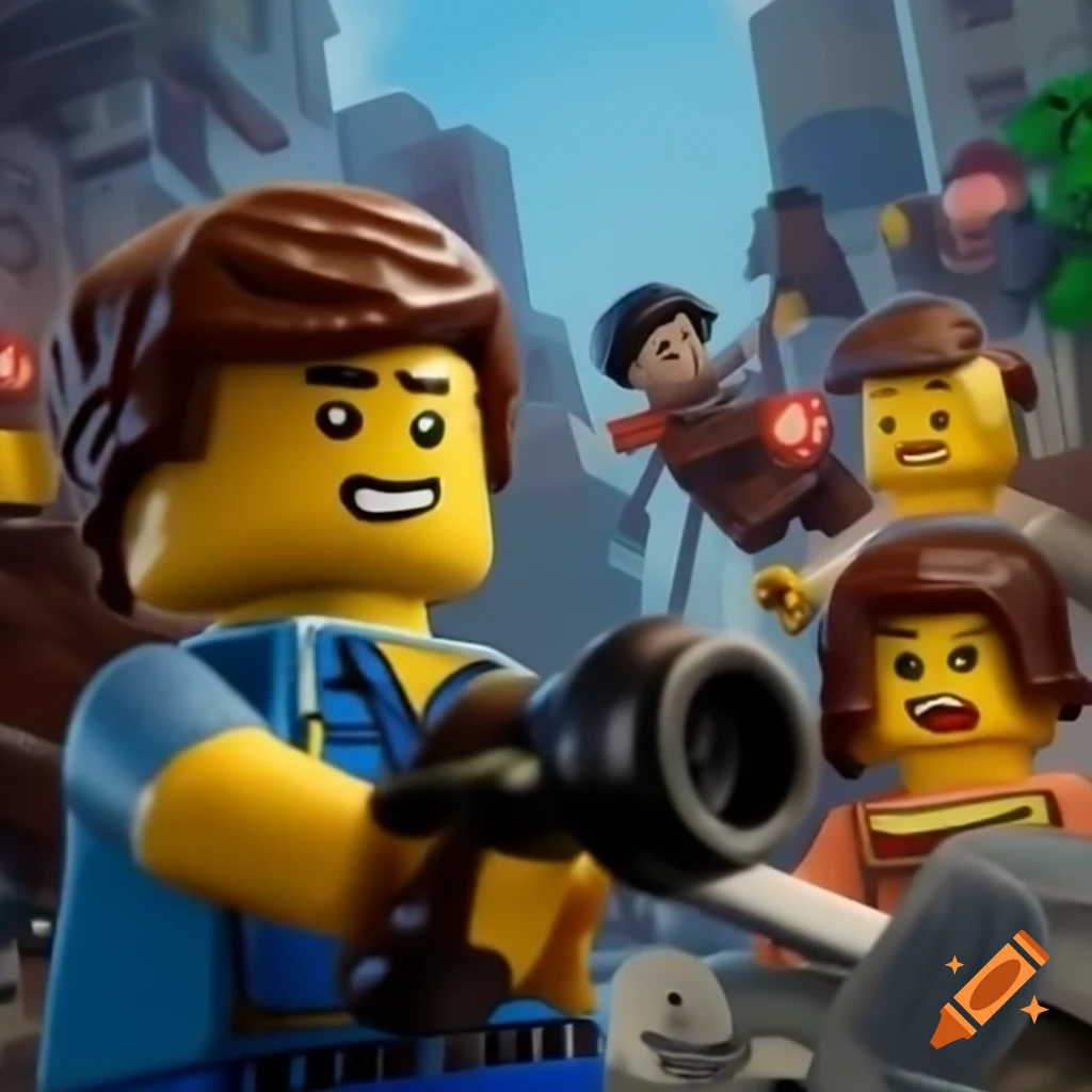 Lego character with brown hair in front of chaotic Lego city scene on Craiyon