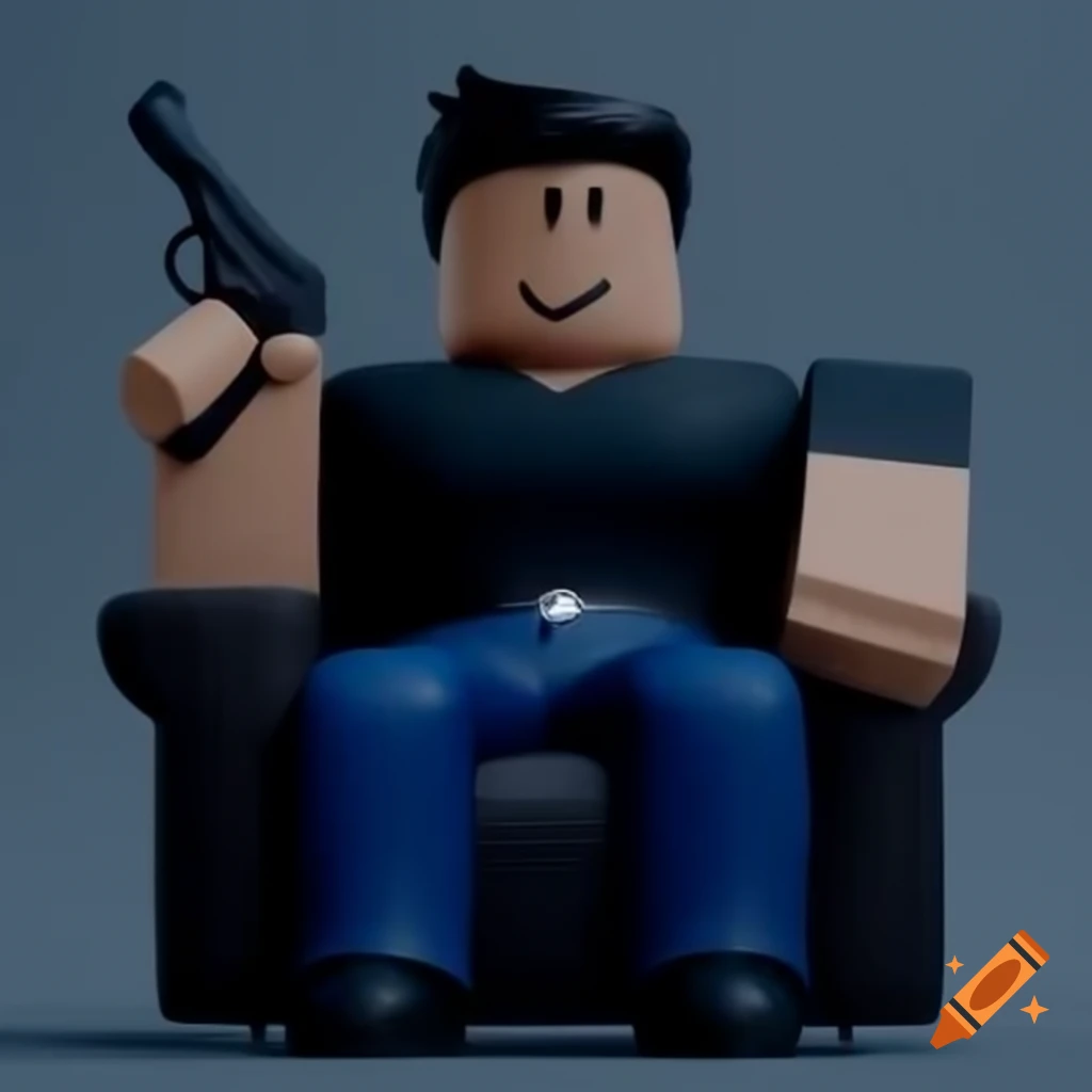 Roblox character sitting in a chair holding a revolver on Craiyon