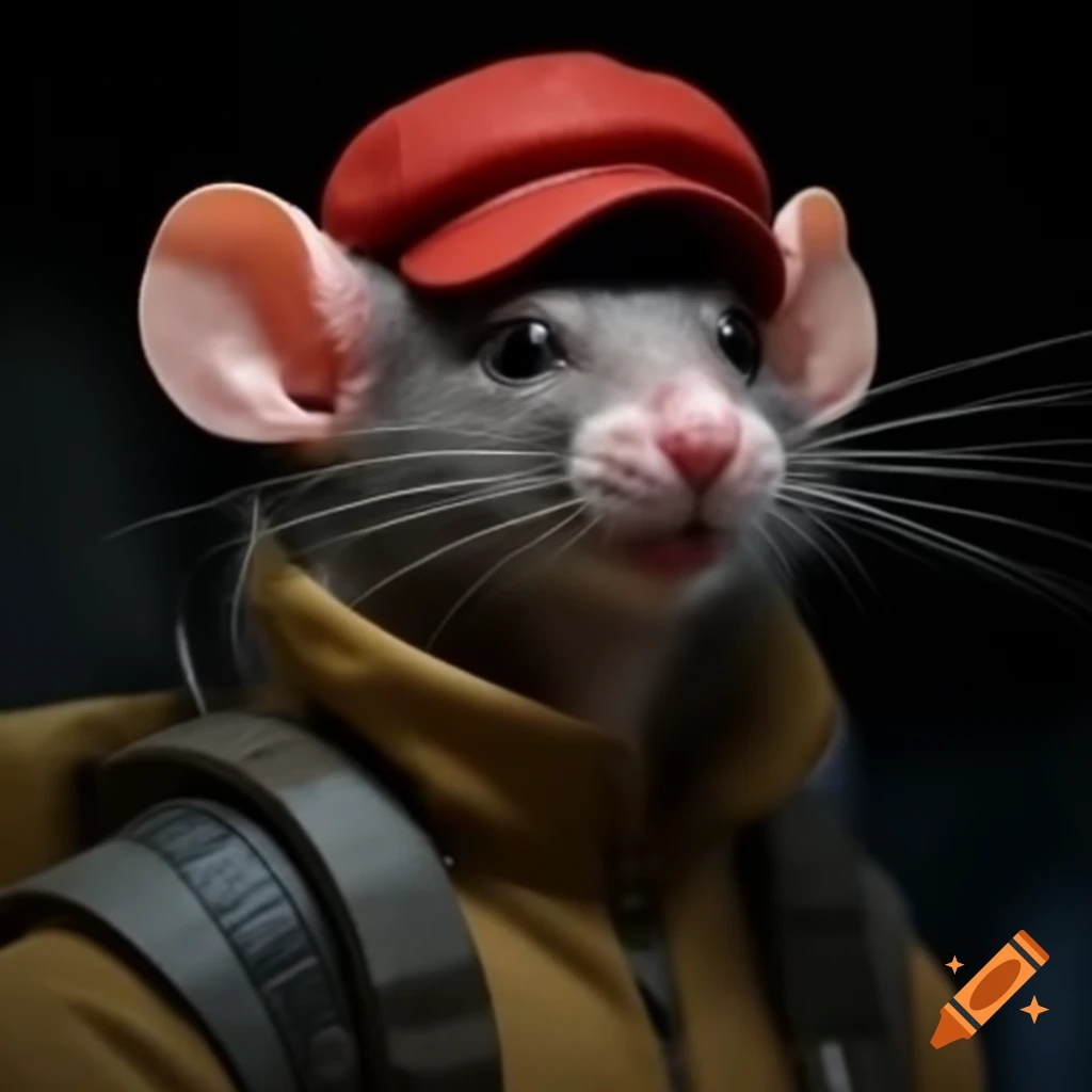 Humanoid rat with big ears in red hat amidst nuclear bomb explosion ...