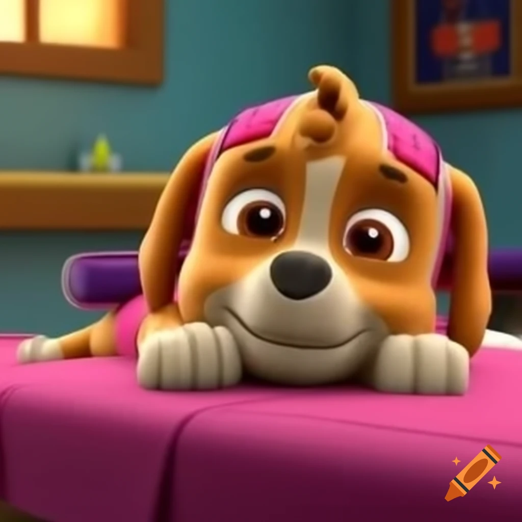 Paw Patrol Chase relaxing on massage table with a smile on Craiyon