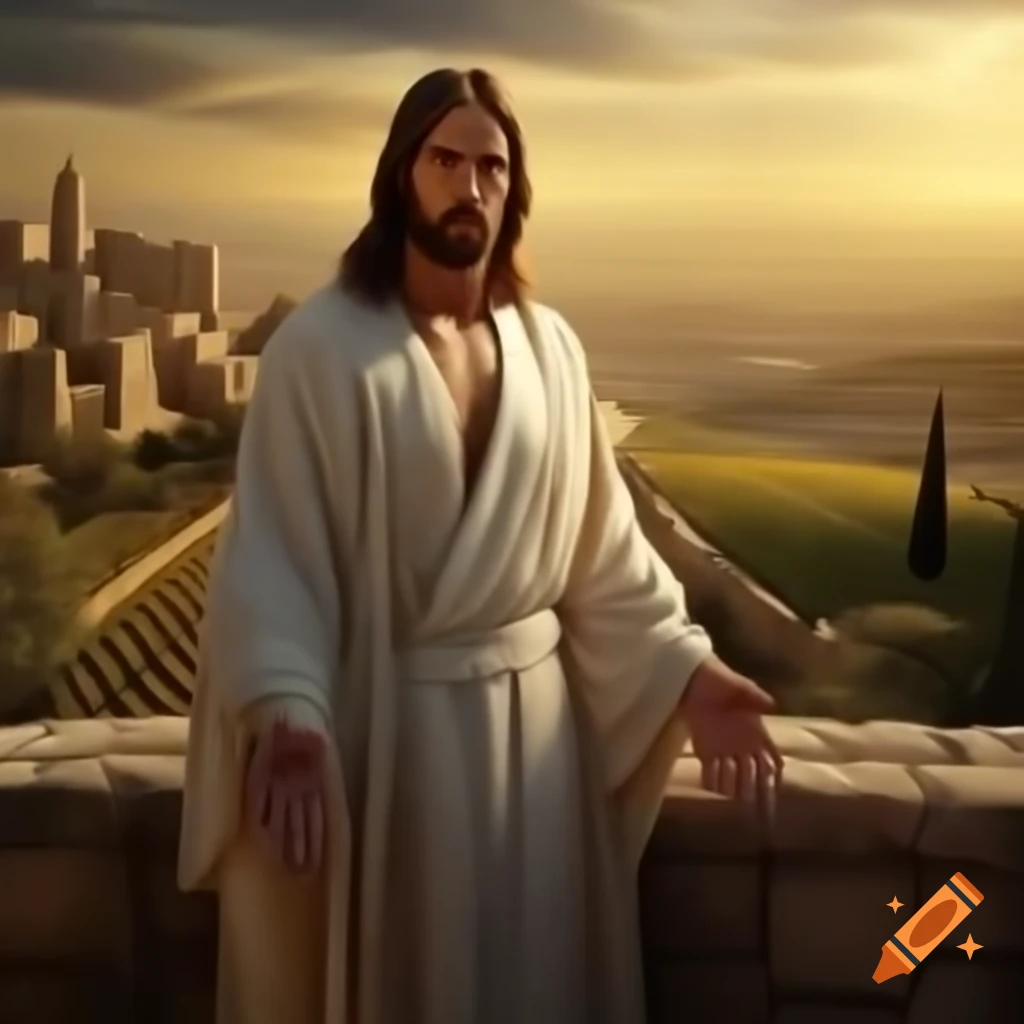 Jesus christ atop mount of olives looking over jerusalem with a ...