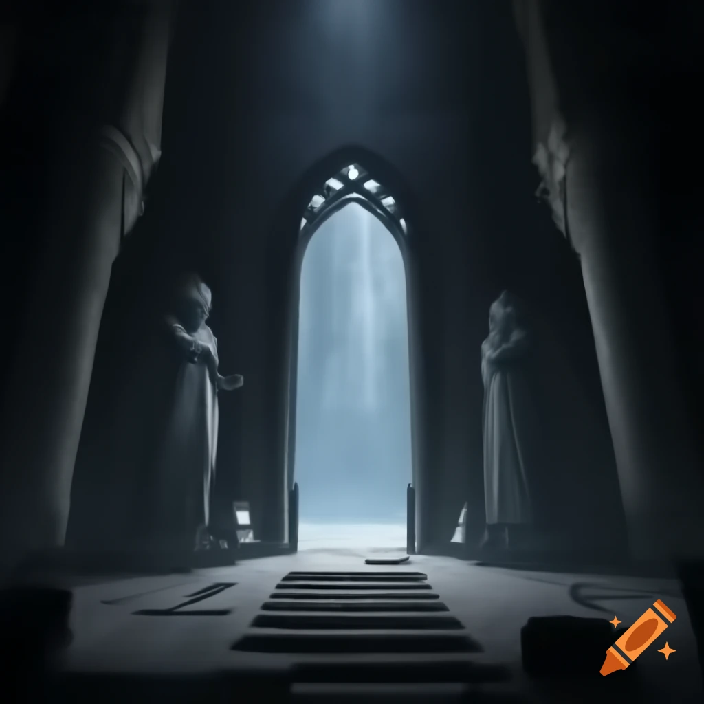 Arched door at end of dark stone hall guarded by colossal elven statues ...