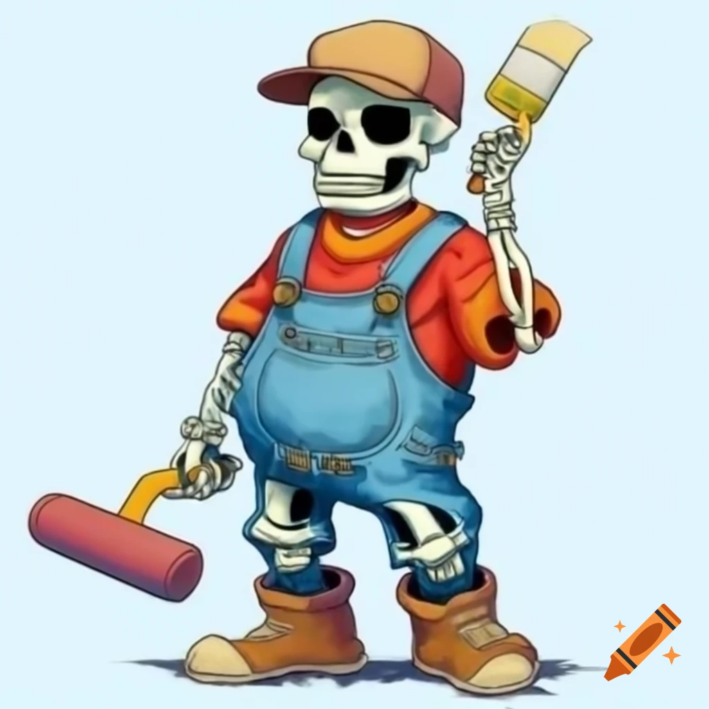 Skeleton in painter's overalls holding paint brush and roller on Craiyon
