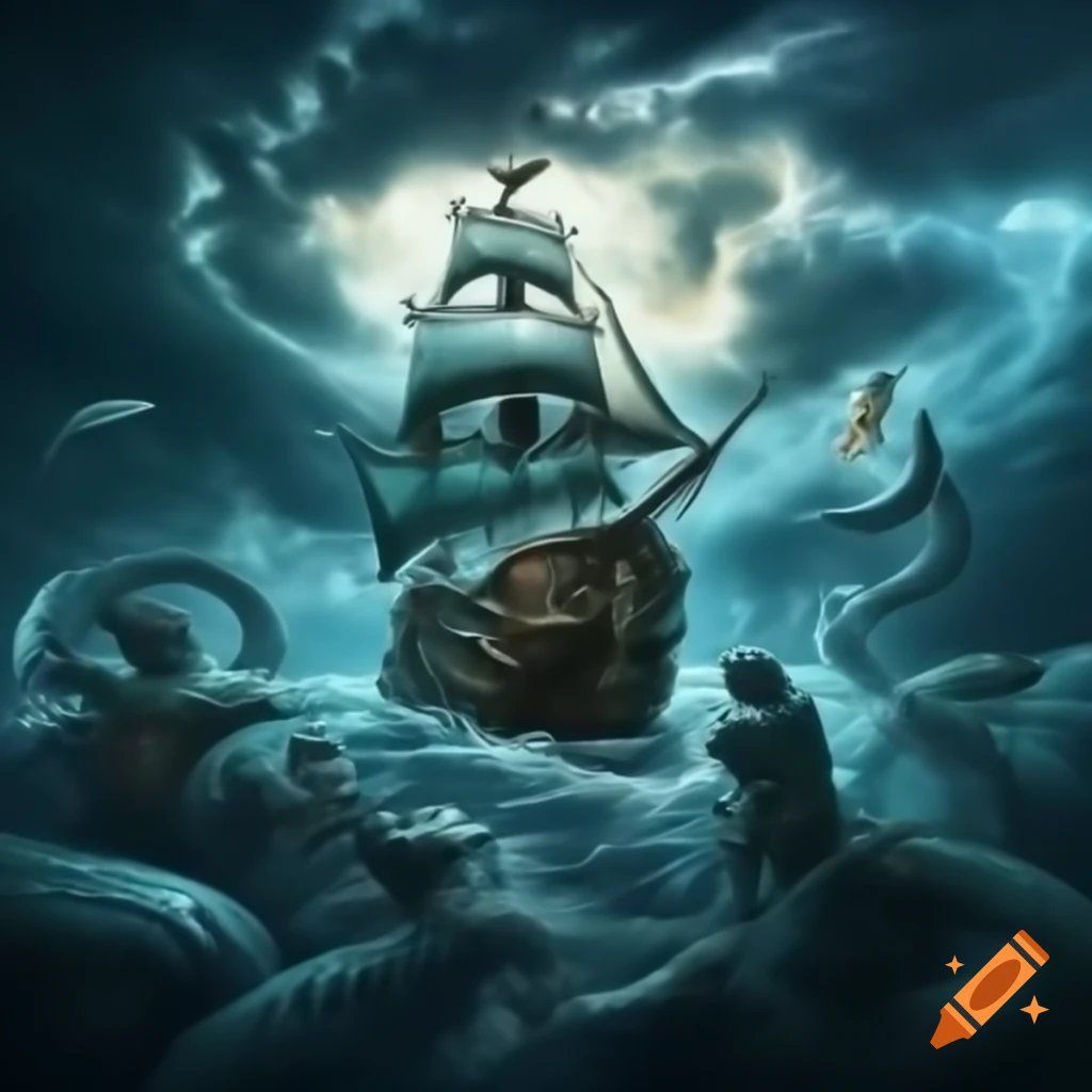 Pirate ship in vortex surrounded by mermaids with skull island and ...