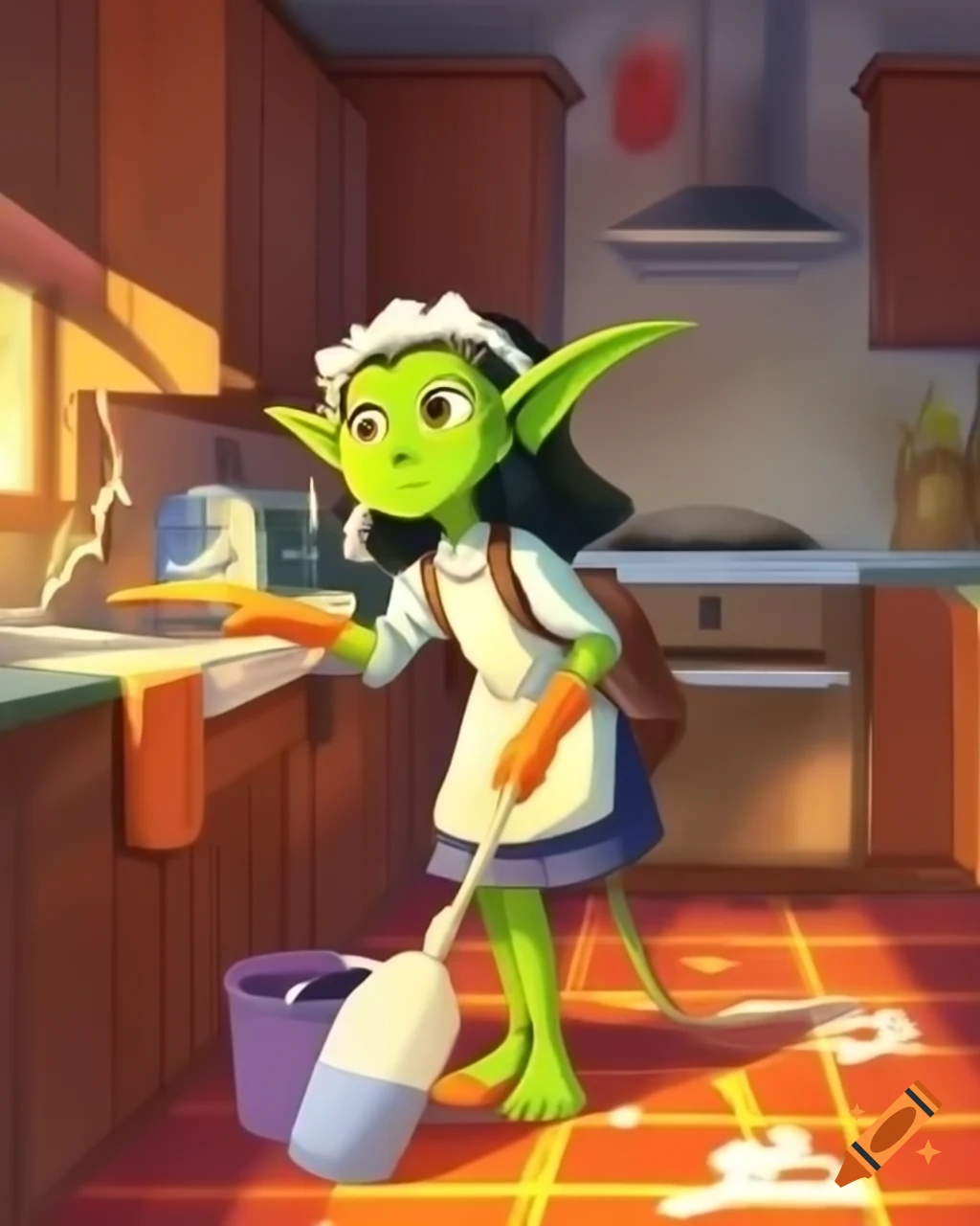 Green-skinned goblin girl cleaning kitchen floor in anime style on Craiyon